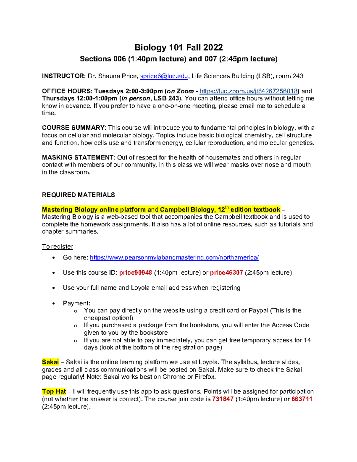 Biol 101 - Fall 2022 Syllabus for Dr. Shauna Price - Studocu