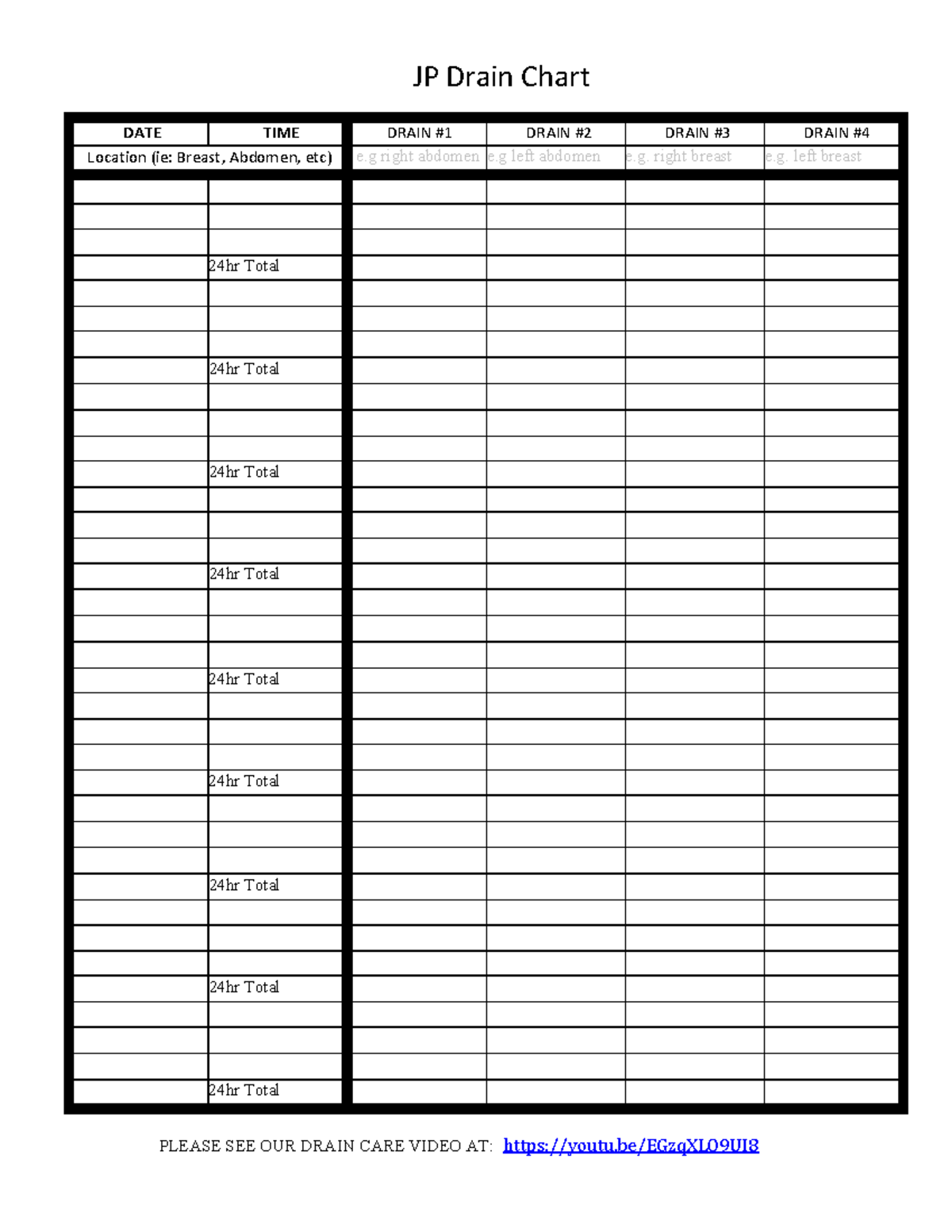 Drain Care Instructions FFB - JP Drain Chart DATE TIME DRAIN #1 DRAIN ...