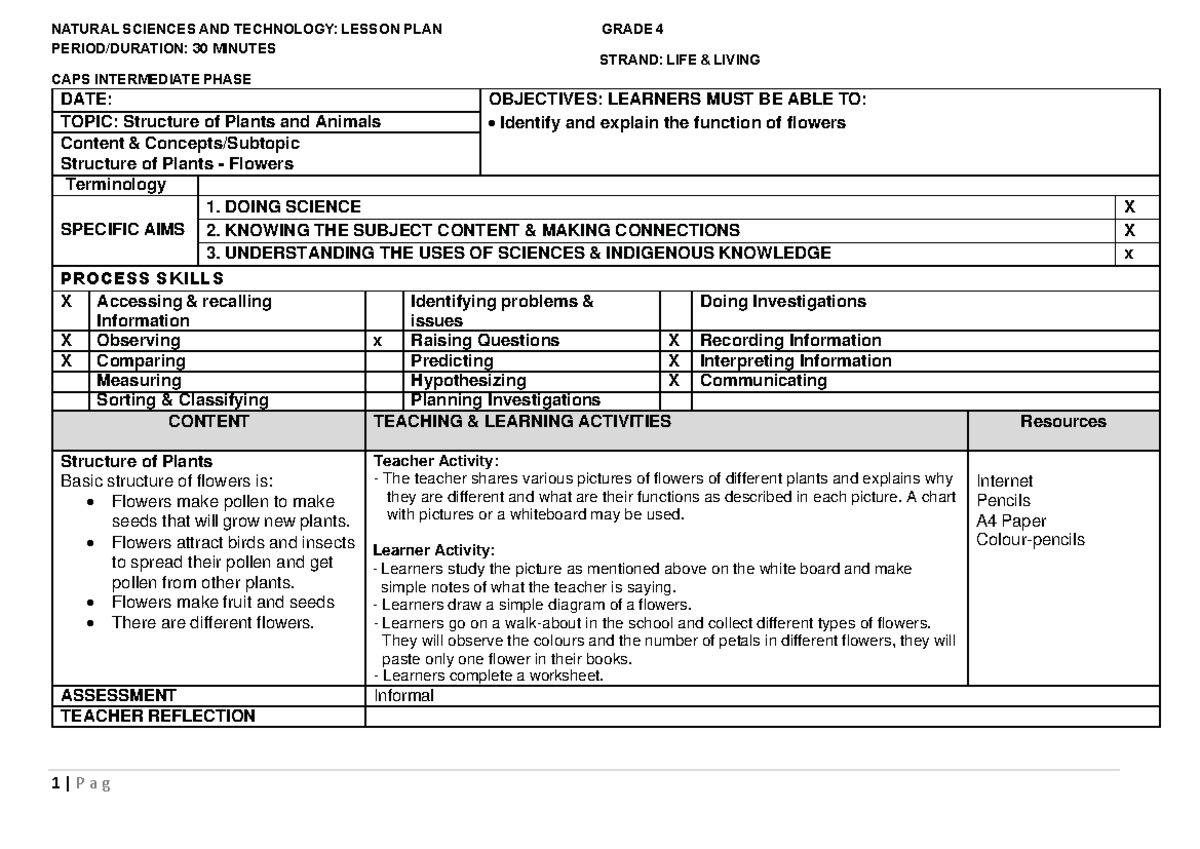 NST Grade 4 Term 1 Lesson 10: Structure of Plants & Animals - Studocu