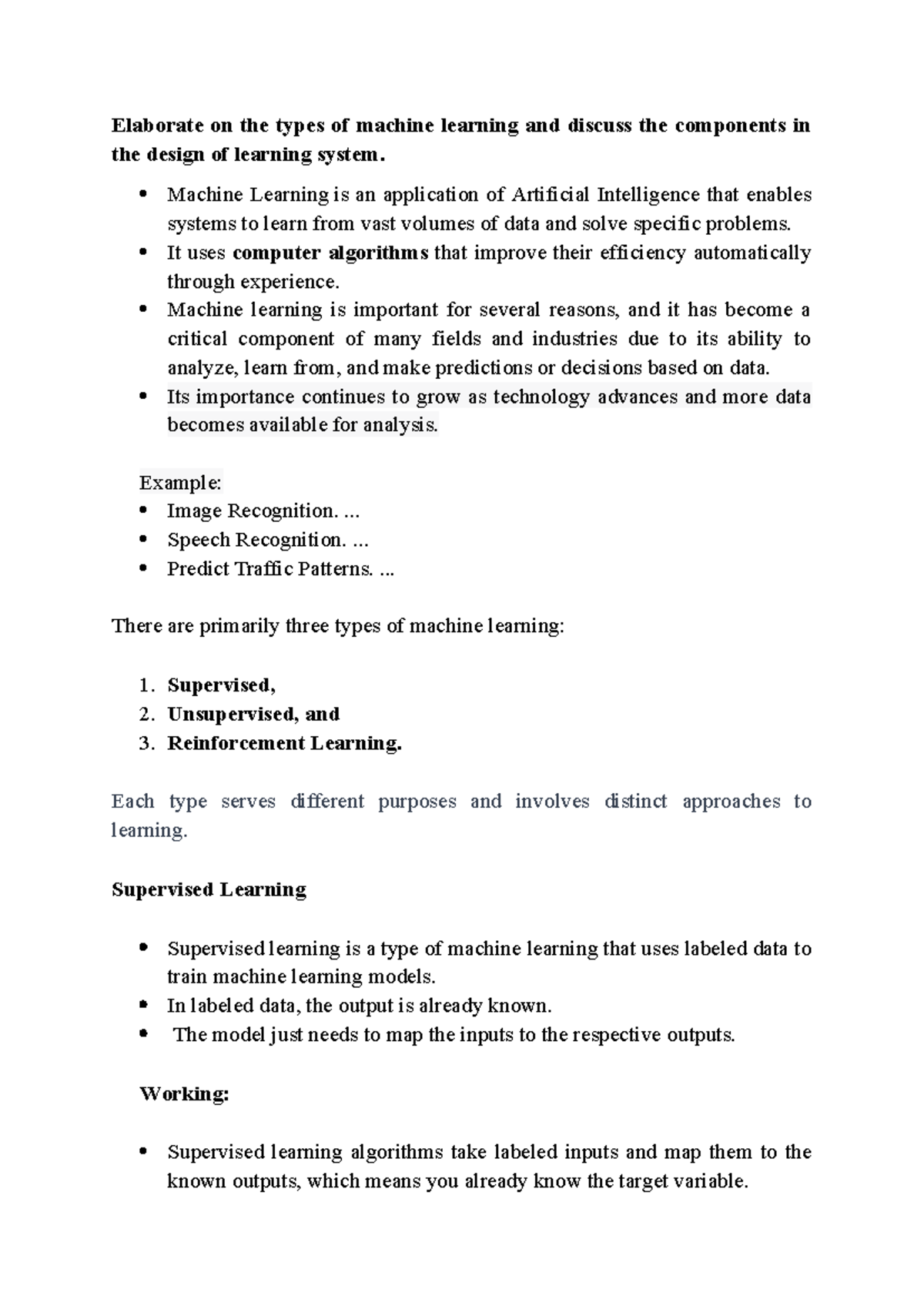 Machine Learning Types And System Design Components Studocu