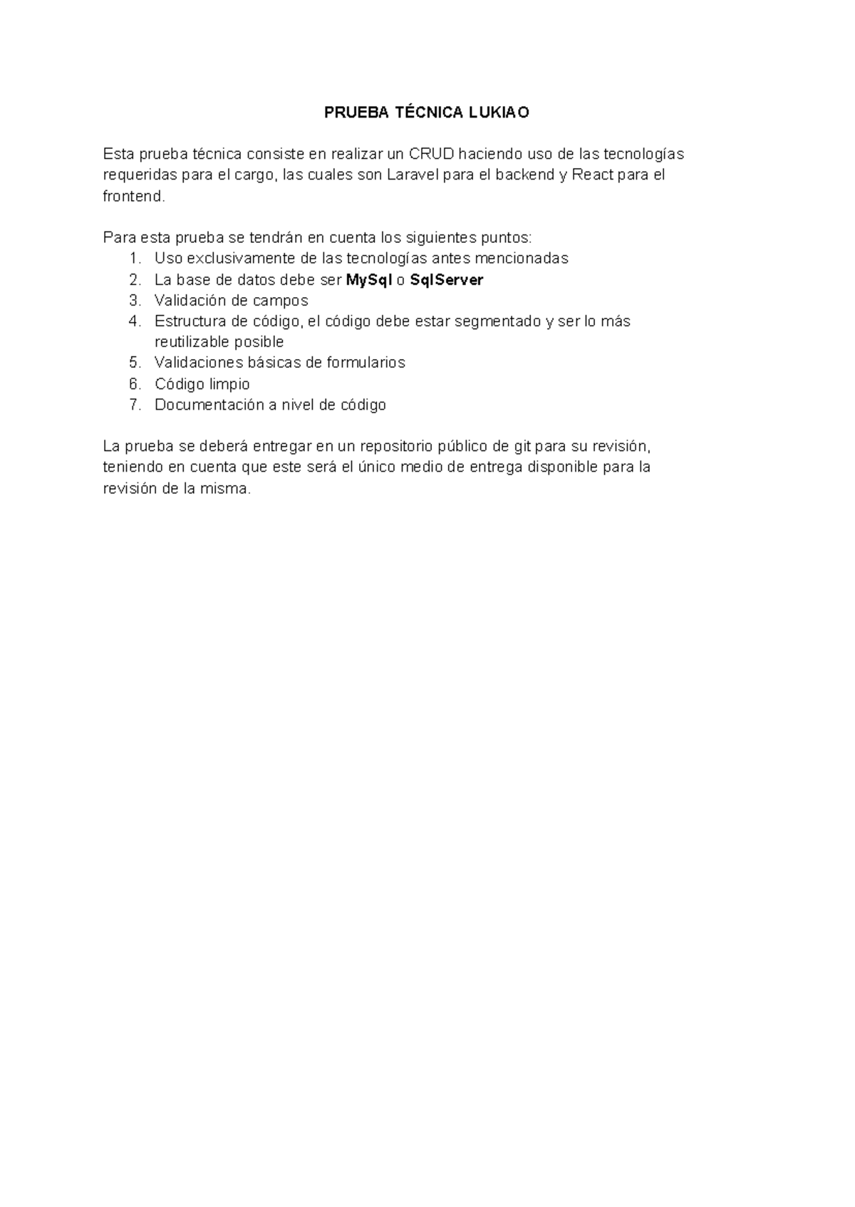 PRUEBA TÉCNICA LUKIAO: CRUD con Laravel y React - Studocu
