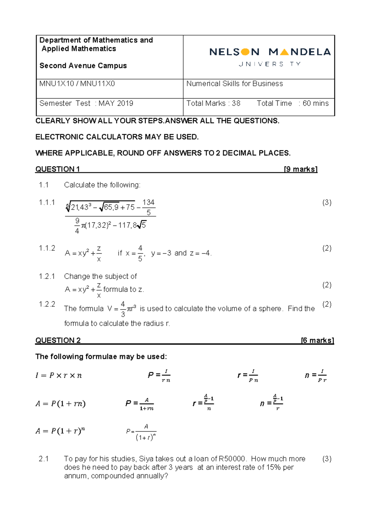 MNU1X10 Numerical Skills for Business Semester Test - May 2019 - Studocu