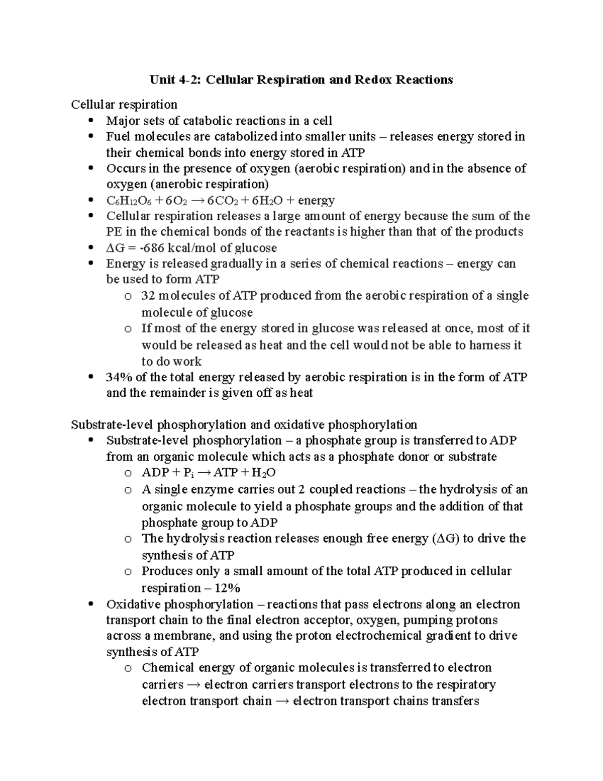 Unit 4 2 Cellular Respiration and Redox Reactions - Unit 4-2: Cellular ...
