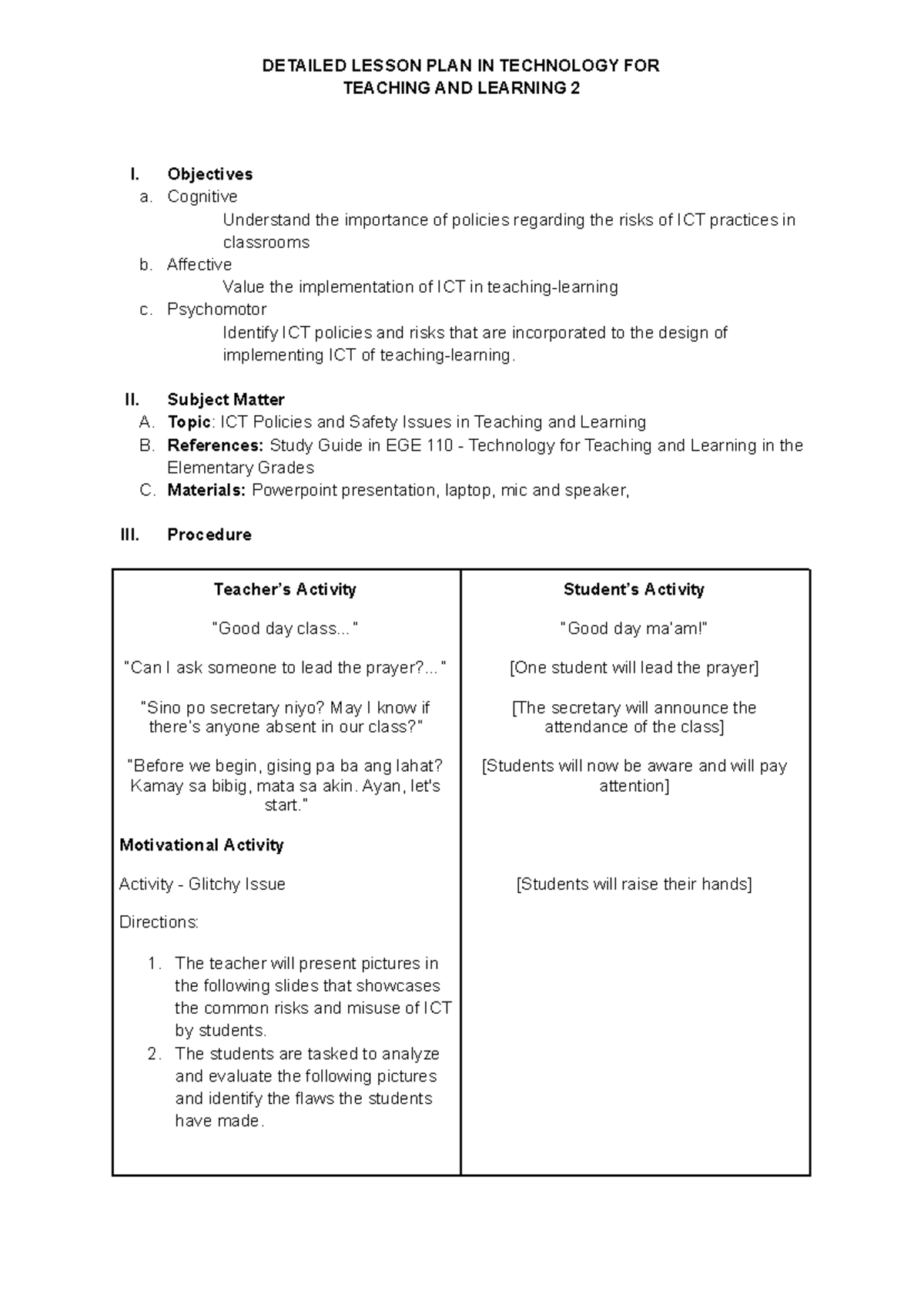Detailed Lesson Plan on ICT Policies & Safety Issues in TLE 2 - Studocu