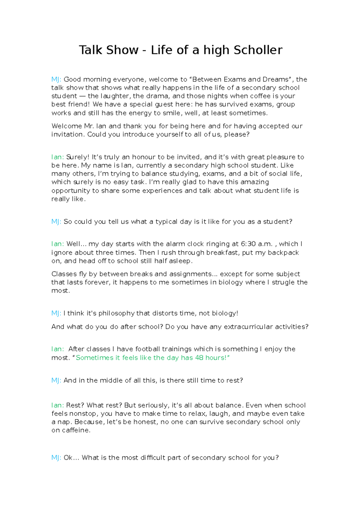 Talk Show 2025: Life of a High School Student - Studocu