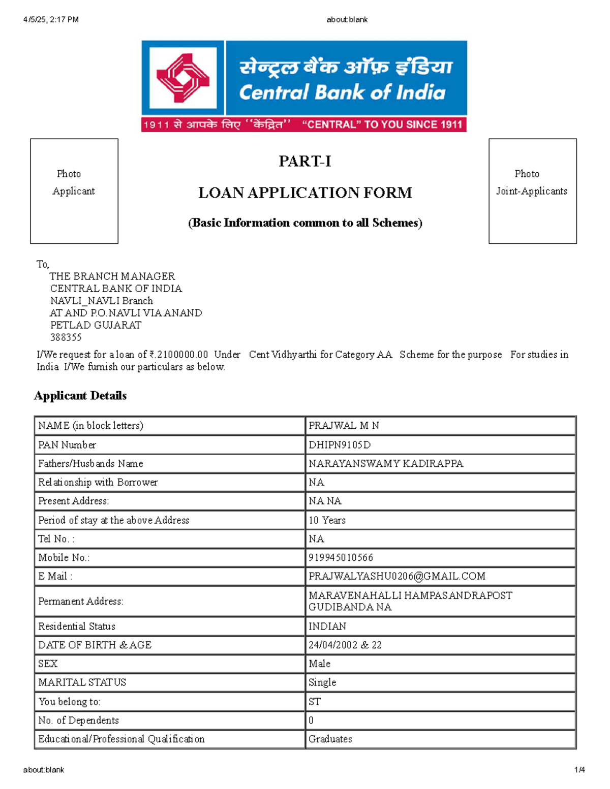 Loan Application Form - Central Bank of India (Part 1) - Studocu