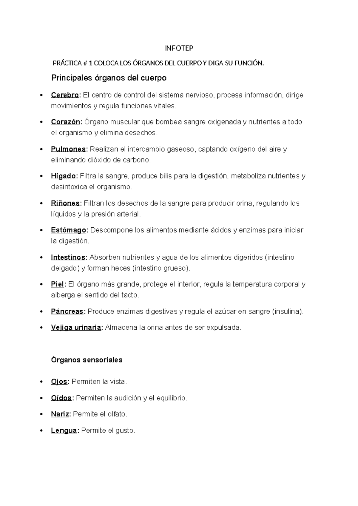 INFOTEP PRÁCTICA 1: Órganos del Cuerpo y sus Funciones - Studocu