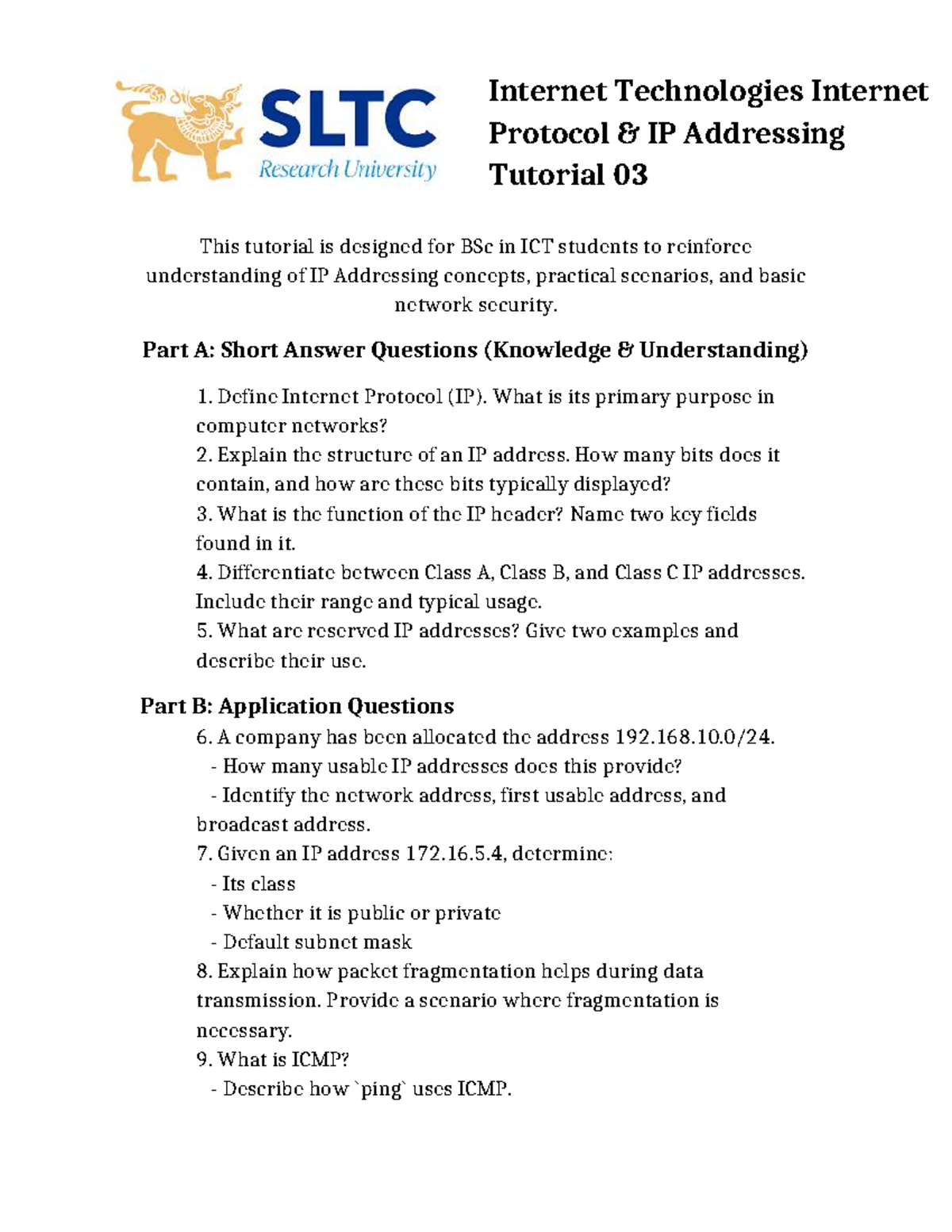 BSc ICT Tutorial 03: IP Addressing Concepts & Questions - Studocu