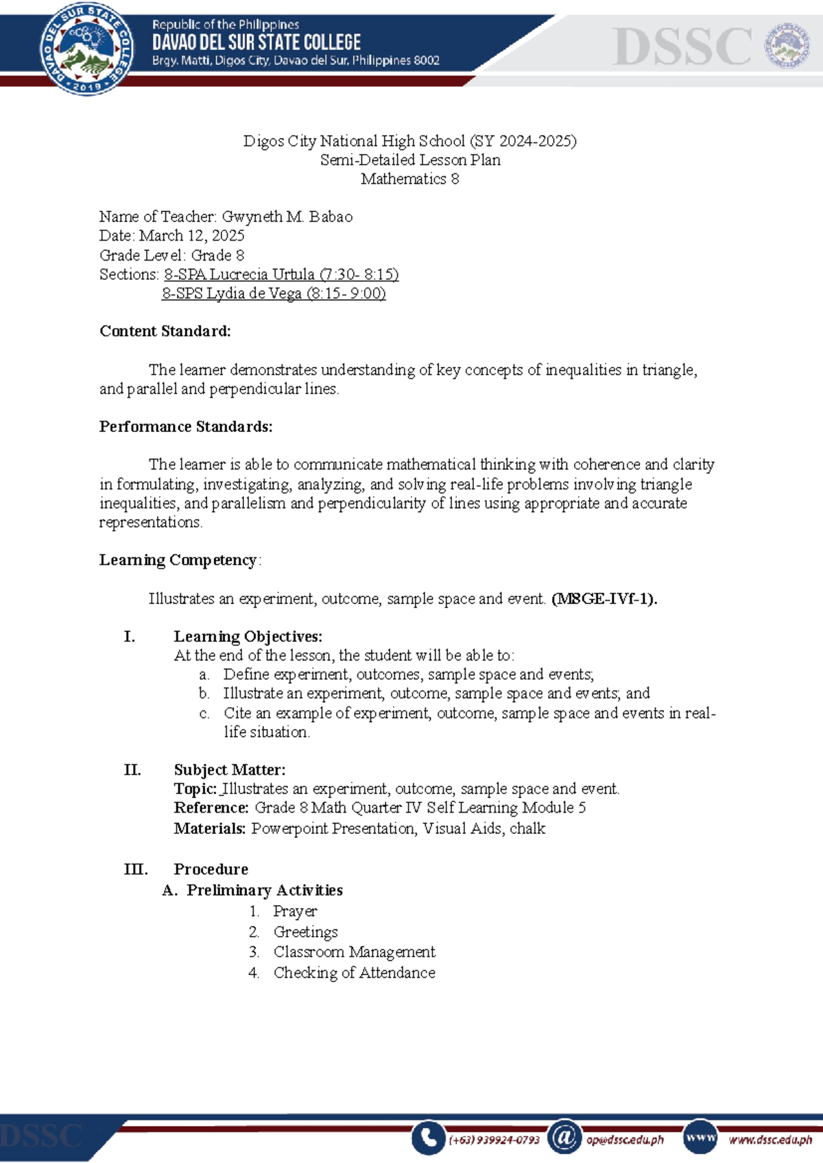 Mathematics 8 Lesson Plan: Experiment, Outcomes & Sample Space (M8GE ...