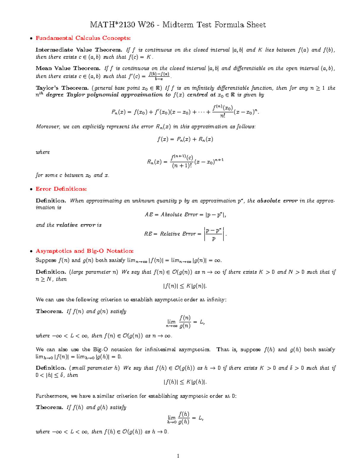 MATH2130 W26 Midterm Test Formula Sheet: Key Calculus Concepts - Studocu