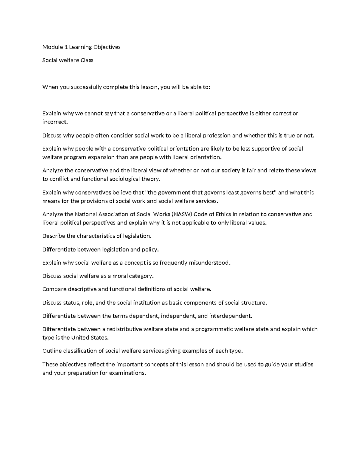 Module 1 Learning Objectives: Understanding Social Welfare Concepts ...