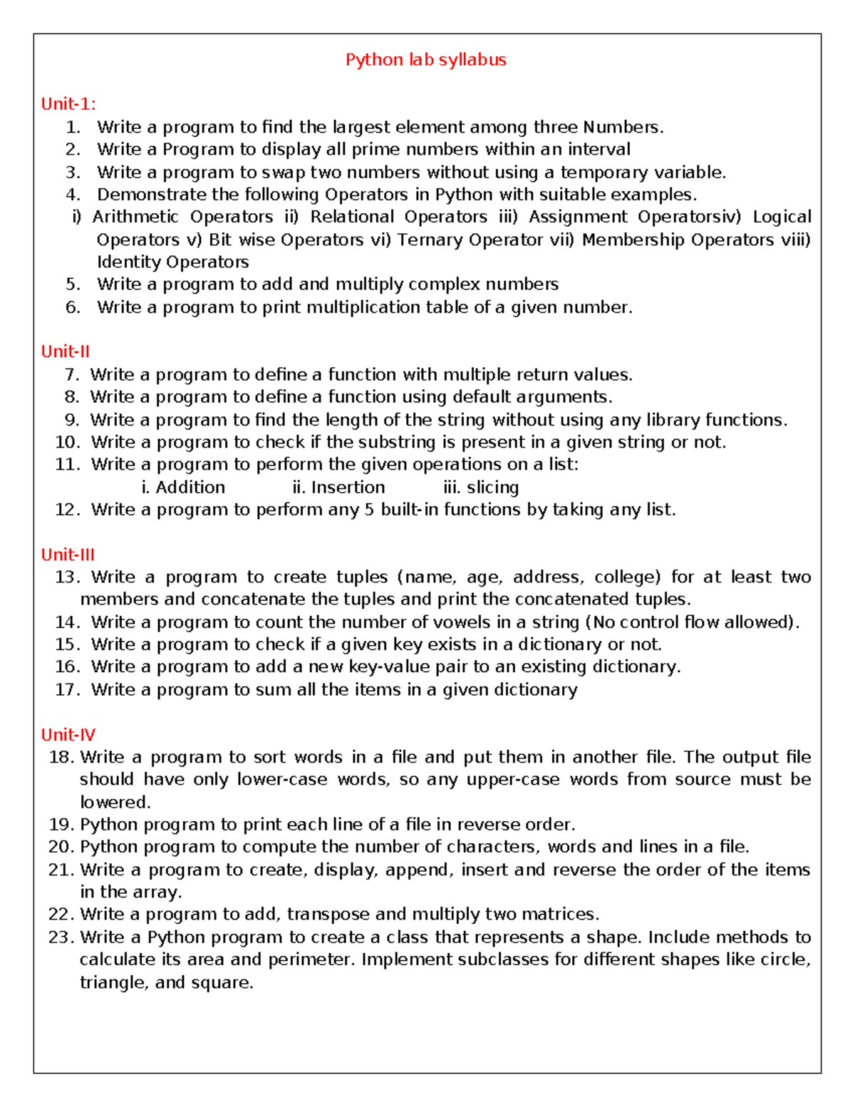 Python Lab Programs (CS101) - Week 1 to 4 Syllabus - Studocu