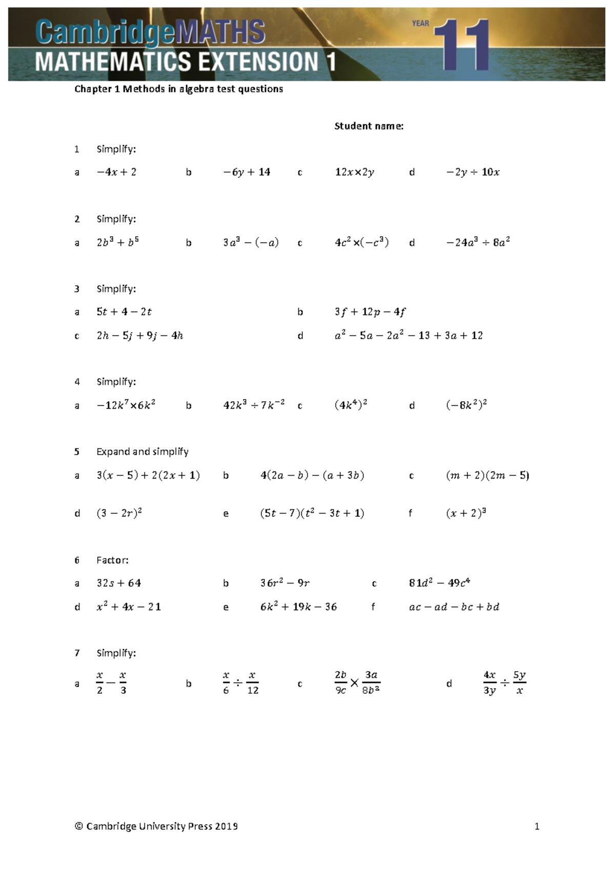 Chapter 1 Algebra Test Questions - Methods and Solutions - Studocu
