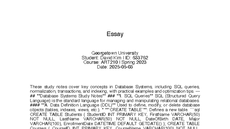ART210 Spring 2023: Database Systems Study Notes and SQL Concepts - Studocu