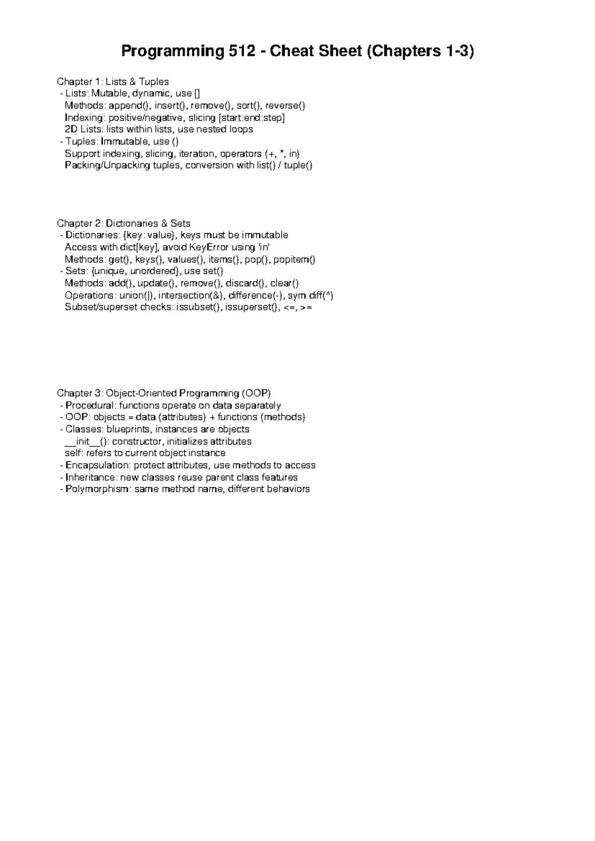 Programming 512 Cheat Sheet: Key Concepts in Lists, Tuples, and OOP - Studocu