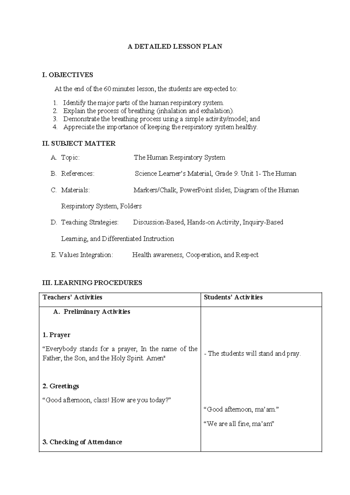 Grade 9 Science DLP: The Human Respiratory System Lesson Plan - Studocu