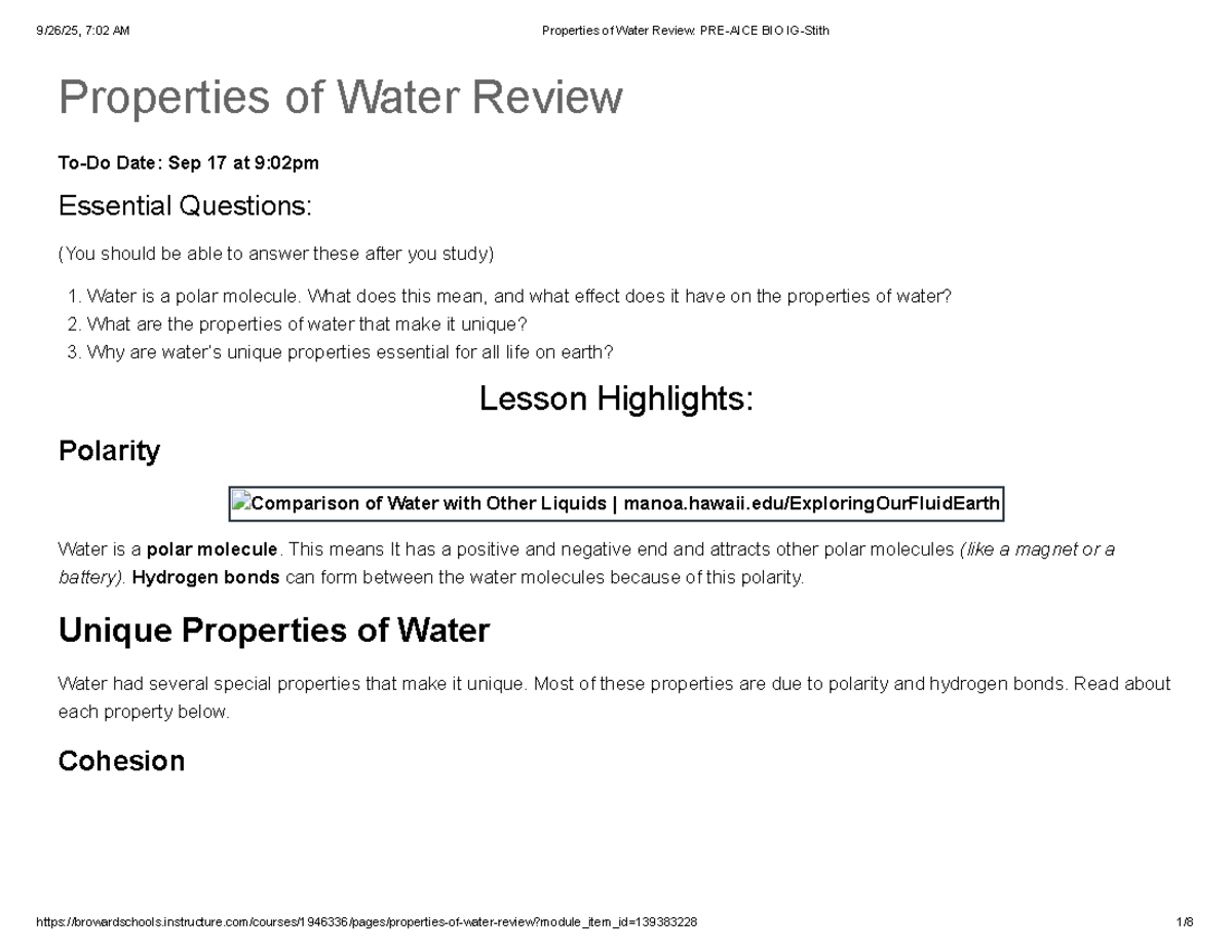 Properties of Water Review: PRE-AICE BIO Study Guide - Studocu