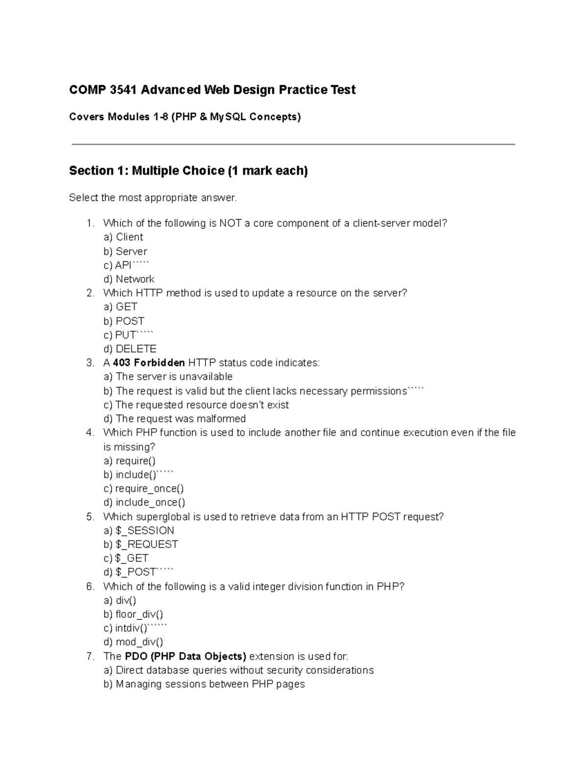 COMP 3541 Advanced Web Design Practice Test: PHP & MySQL Concepts - Studocu