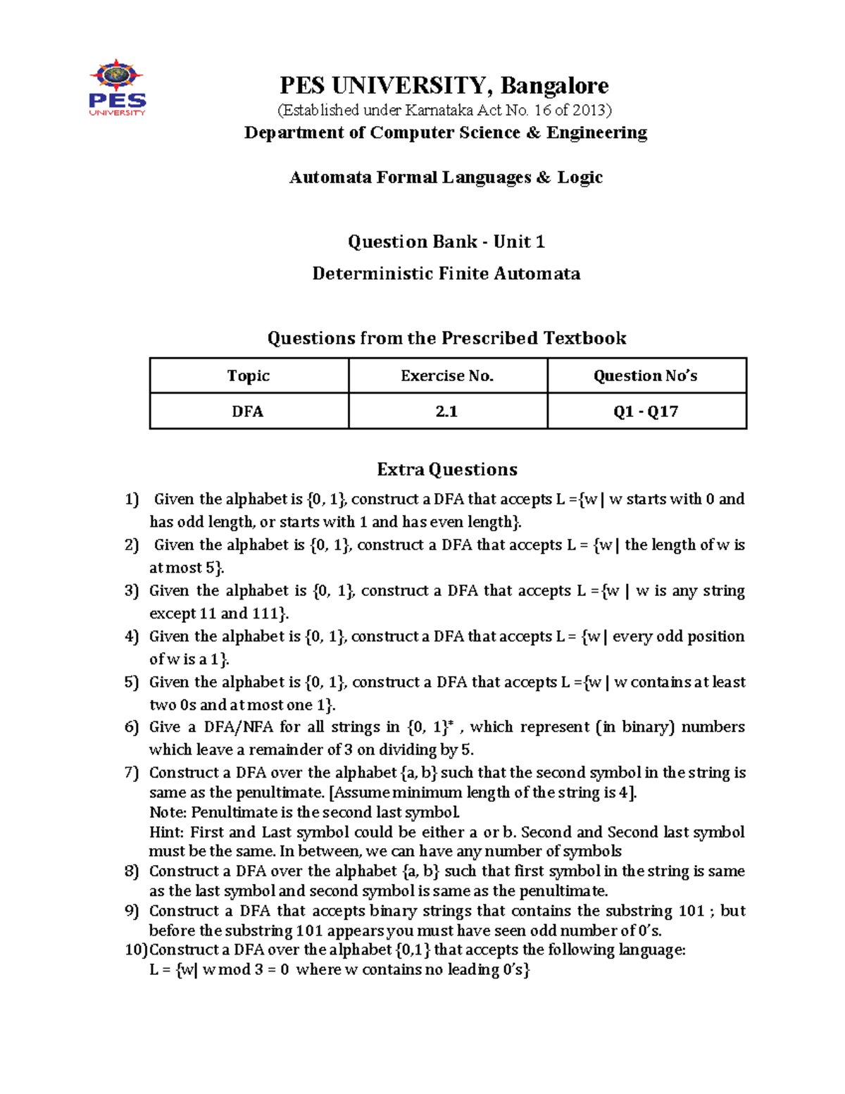 03 DFA - Automata Formal Languages and Logic practice questions for ...