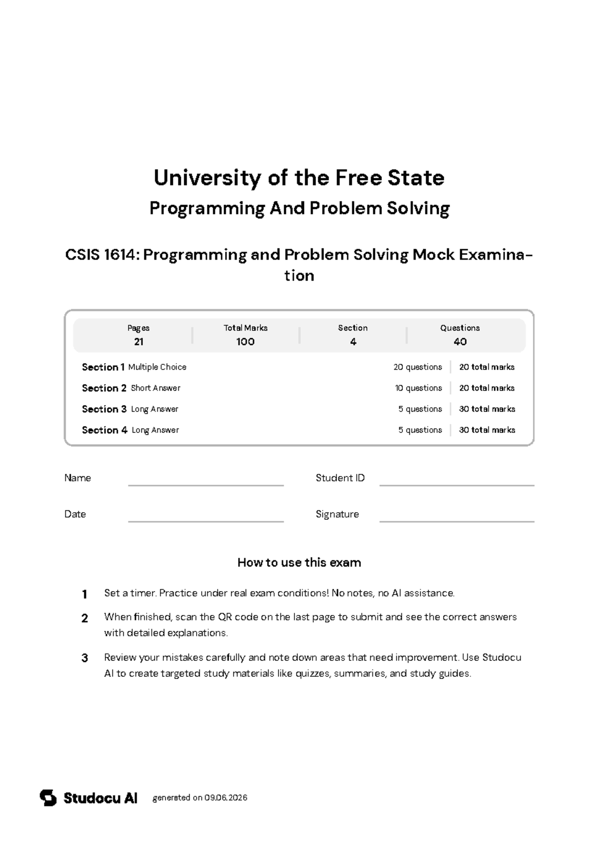 CSIS 1614: Programming and Problem Solving Mock Exam - Studocu