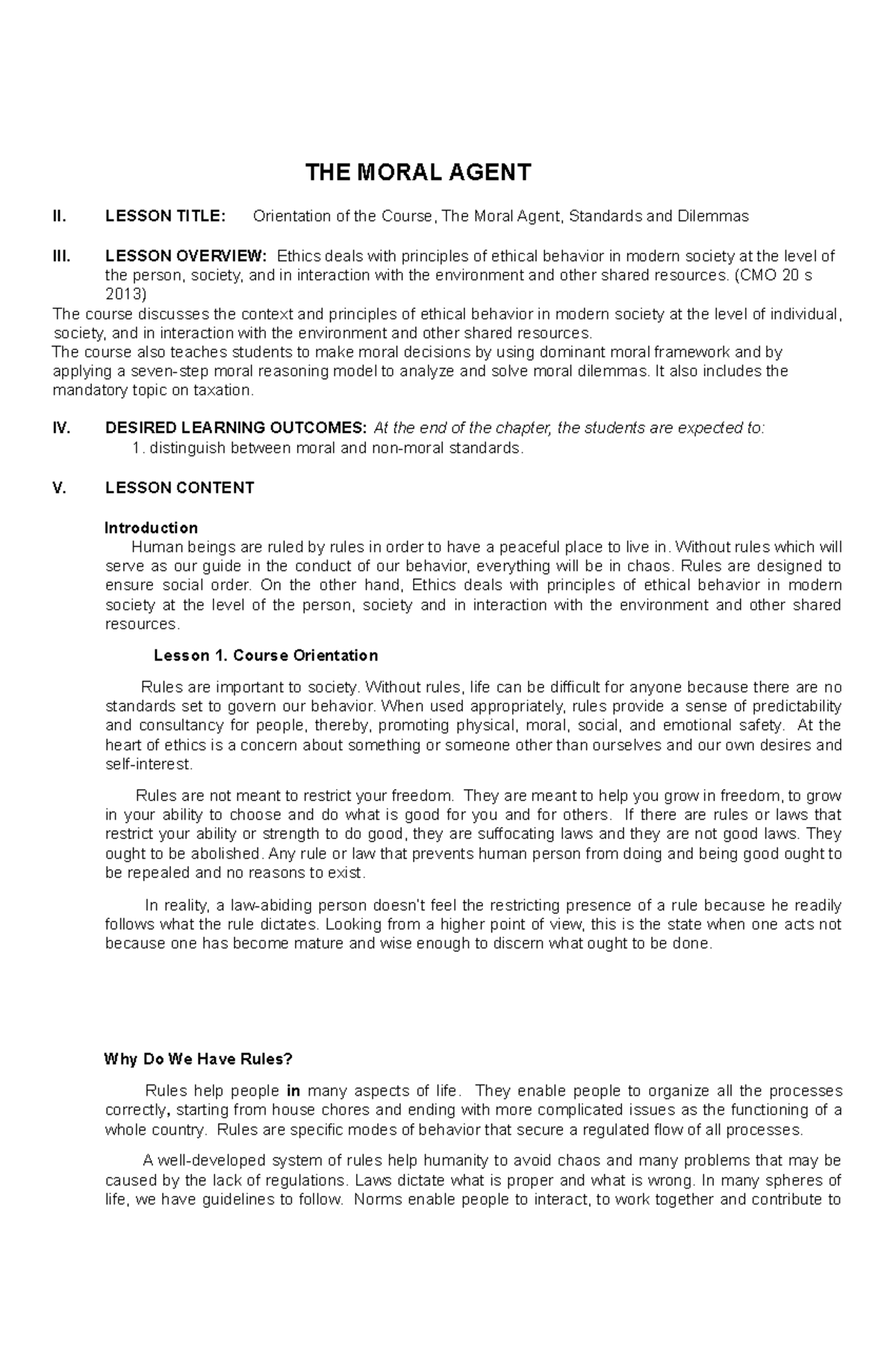 THE Moral Agent Ethics - Lecture - THE MORAL AGENT II. LESSON TITLE ...