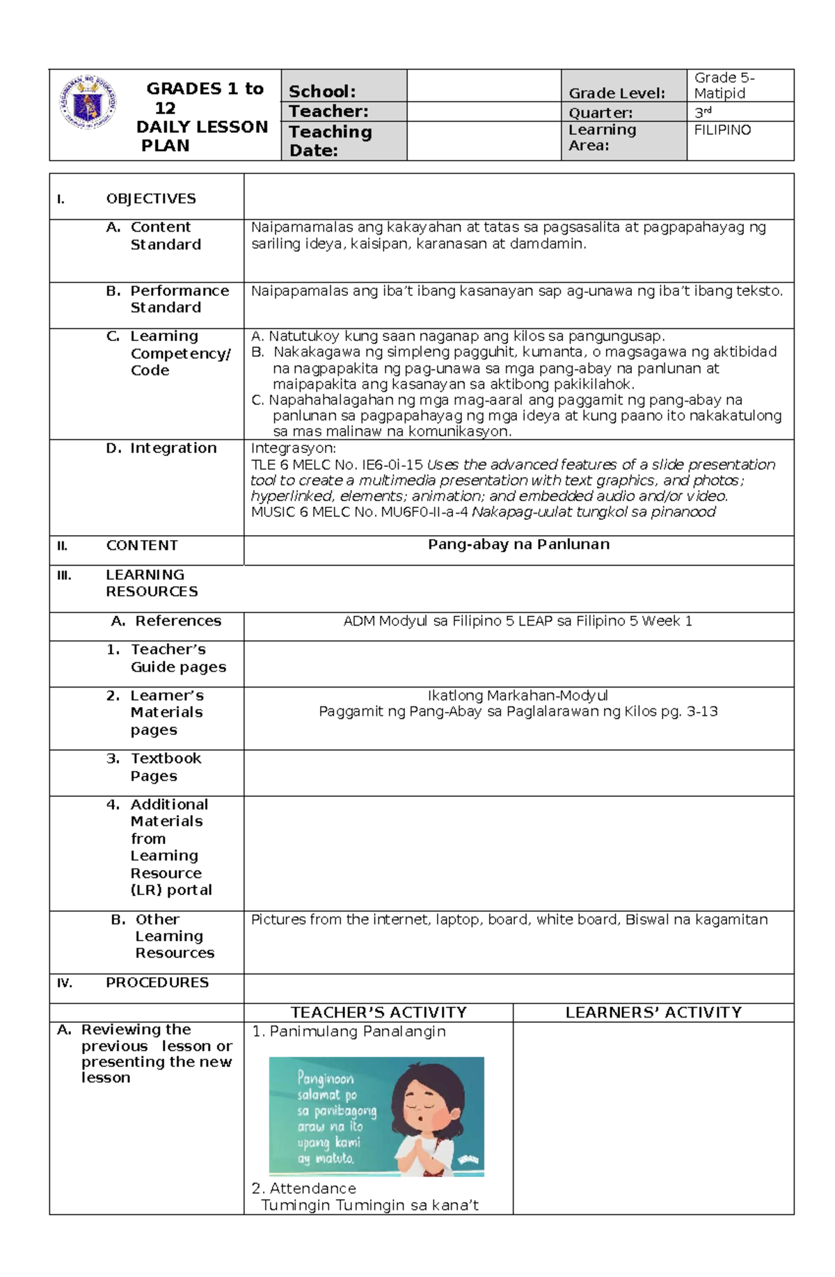 LP 1 G5 Matatag - Daily Lesson Plan for Filipino 5 - Studocu