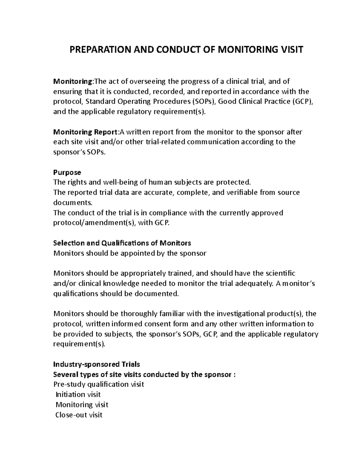 Preparation and Conduct of Monitoring Visit: Best Practices Overview ...