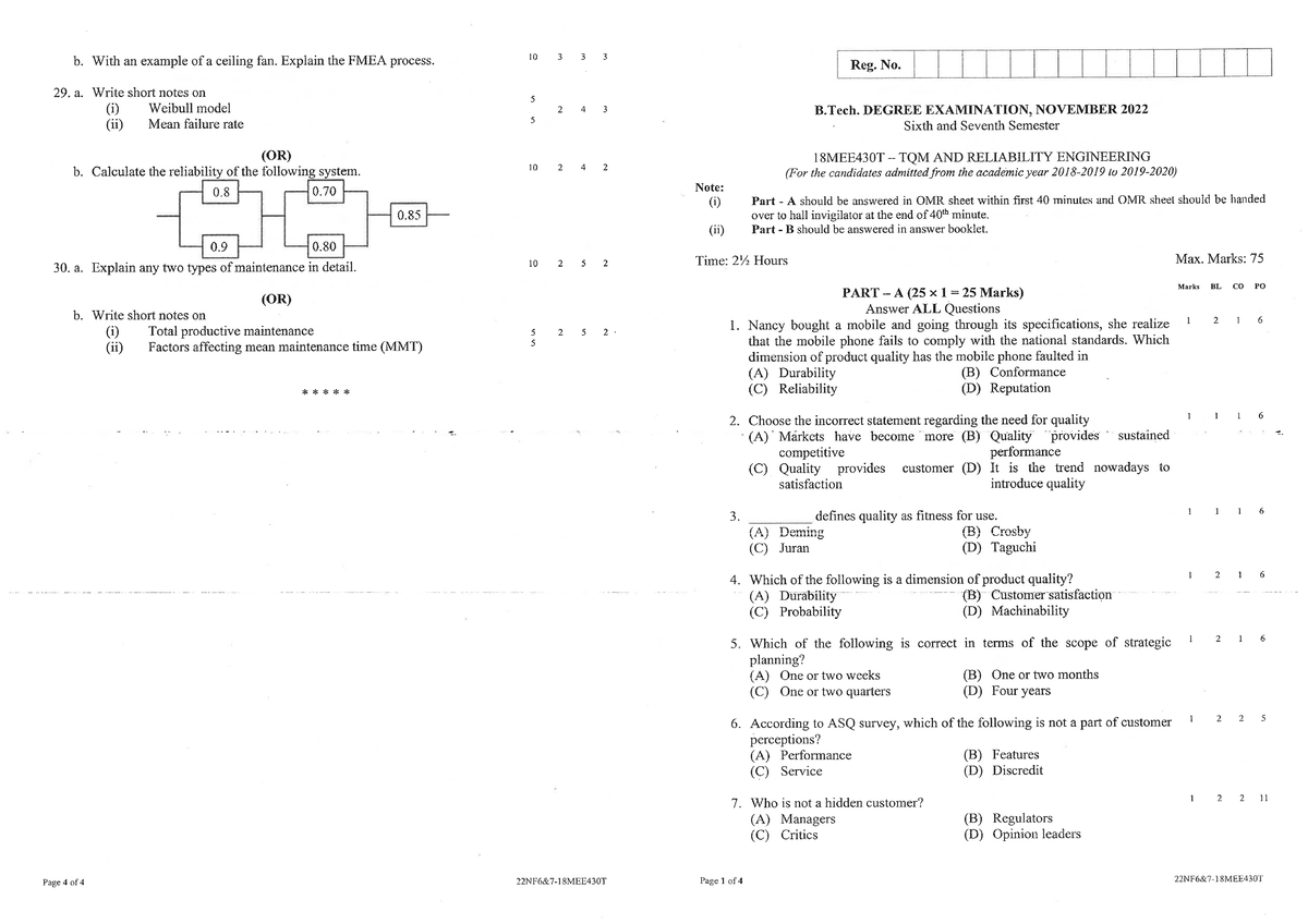 Previous Year Question Paper 18smee430t Tqm Reliability Engineering