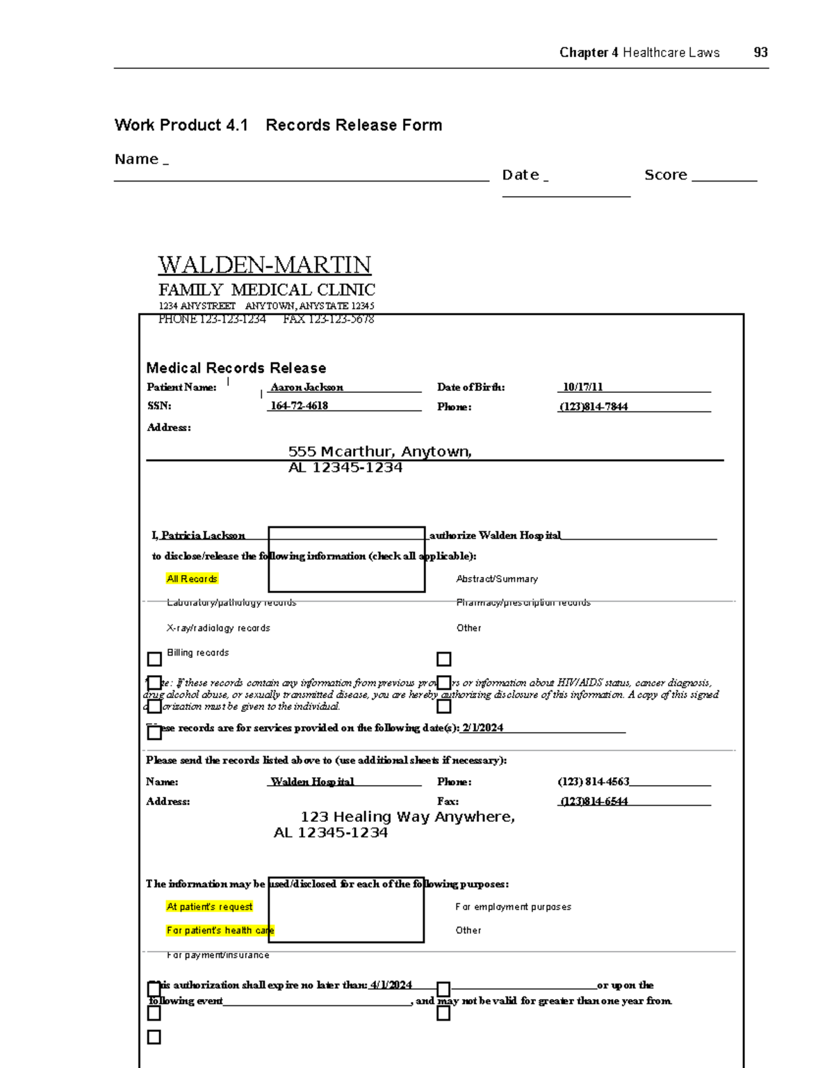 Work Product 4.1 Medical Records Release Authorization Form - Studocu