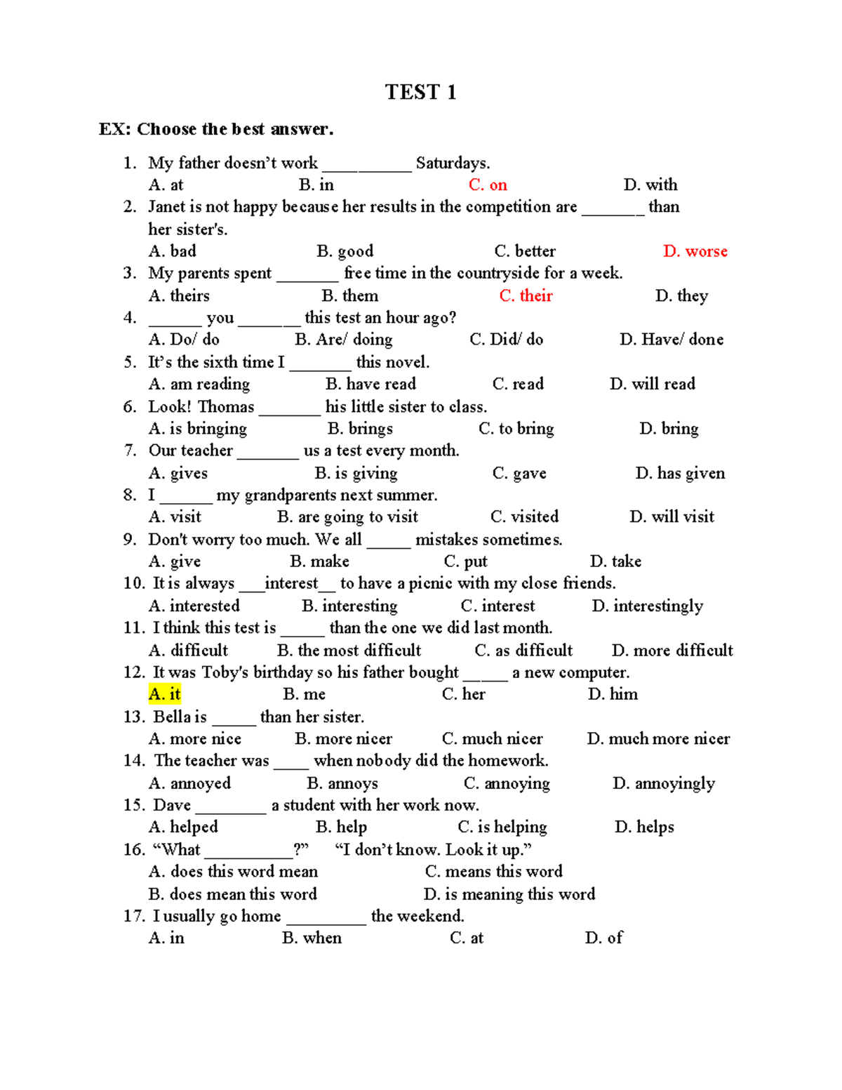 TEST 1 - Exercise: Choose the Best Answer - Studocu