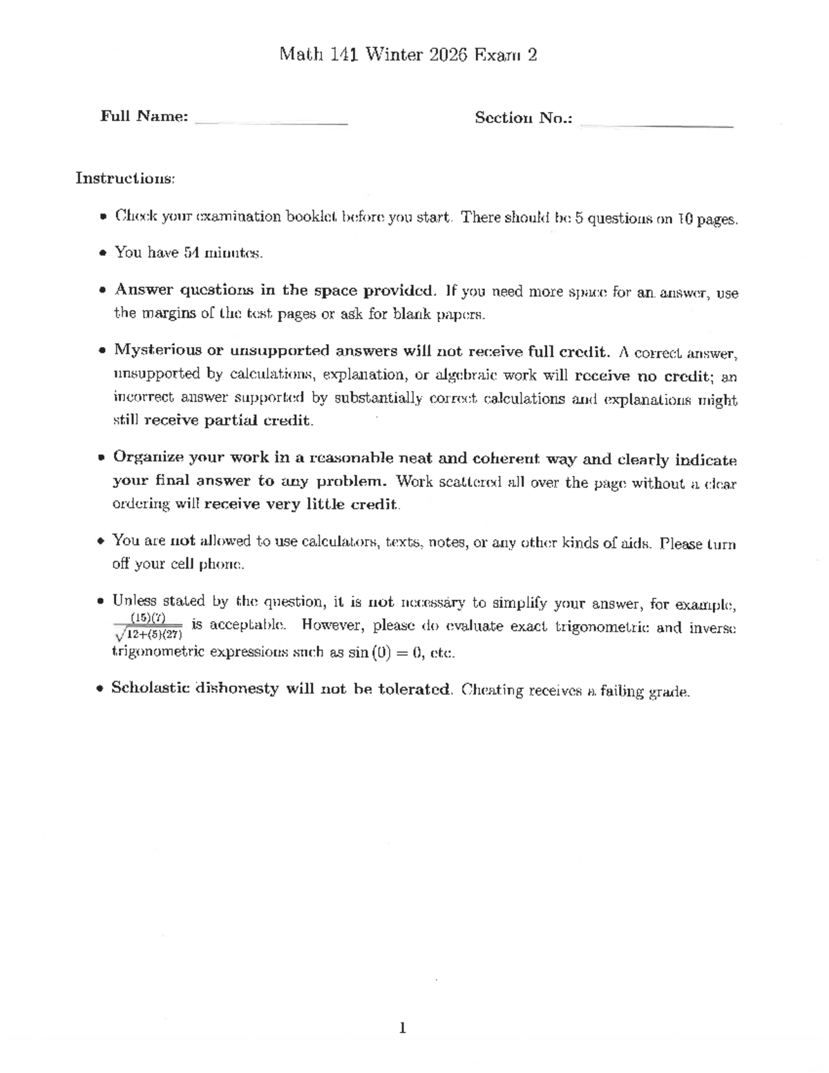 Math 141 Winter 2026 Exam 2 - Studocu