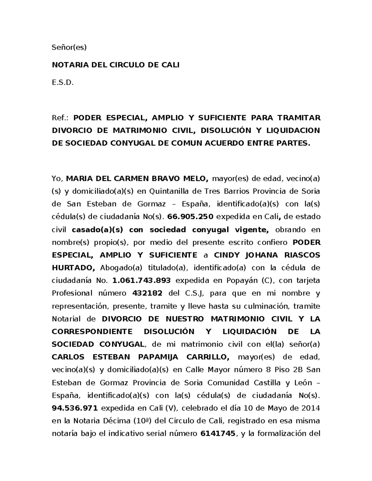 Poder Especial para Trámite de Divorcio - María del Carmen Bravo Melo ...