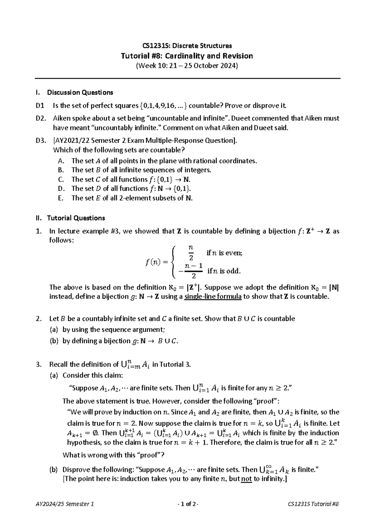 CS1231S Tutorial #8: Practice Questions on Cardinality and Sets - Studocu