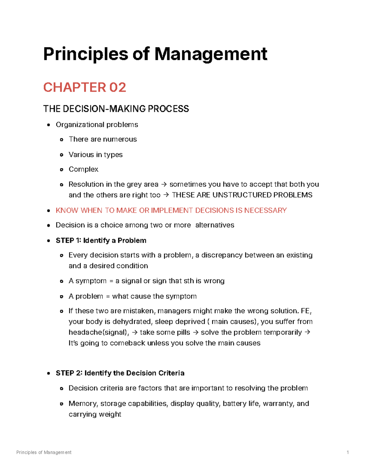 Principles of Management PM-CHAP 02: Decision-Making Processes and Problem - Studocu