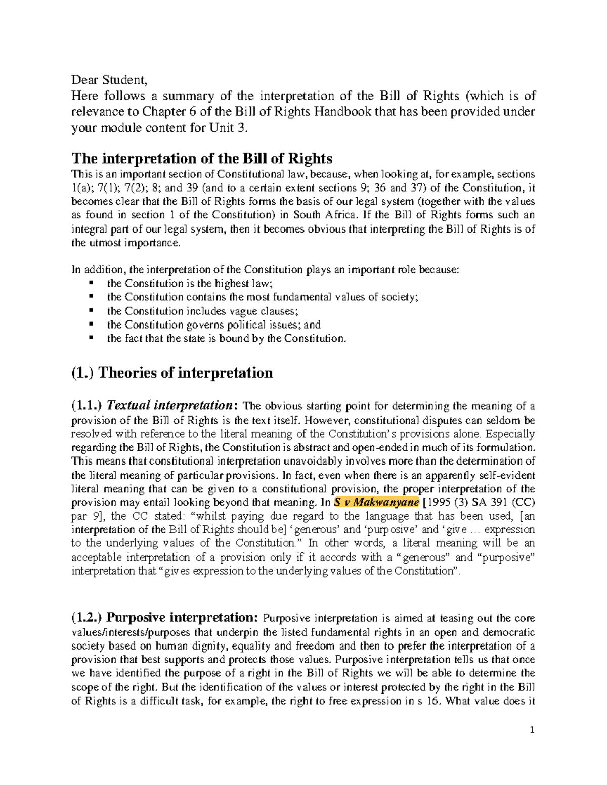 Interpretation of the Bill of Rights: Summary Notes for Unit 3 - Studocu