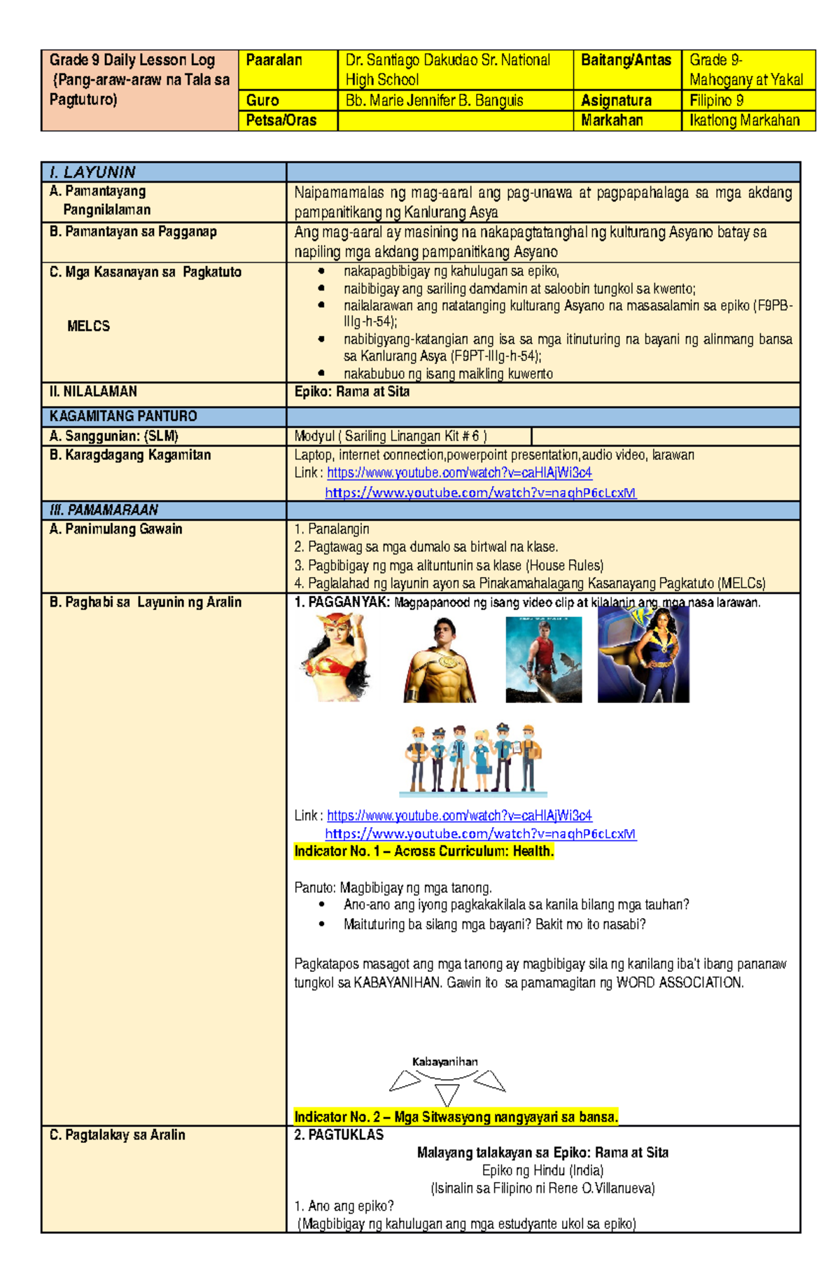 Grade 9 Filipino Daily Lesson Log on Epiko: Rama at Sita - Studocu