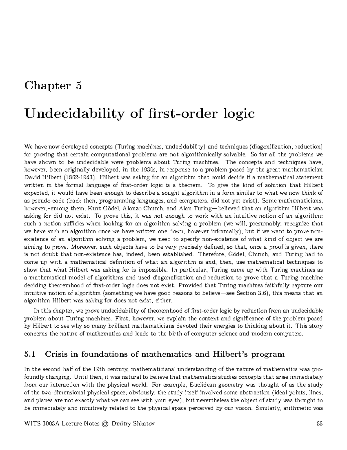 WITS 3003A Chapter 5: Undecidability in Logic and Turing Machines - Studocu