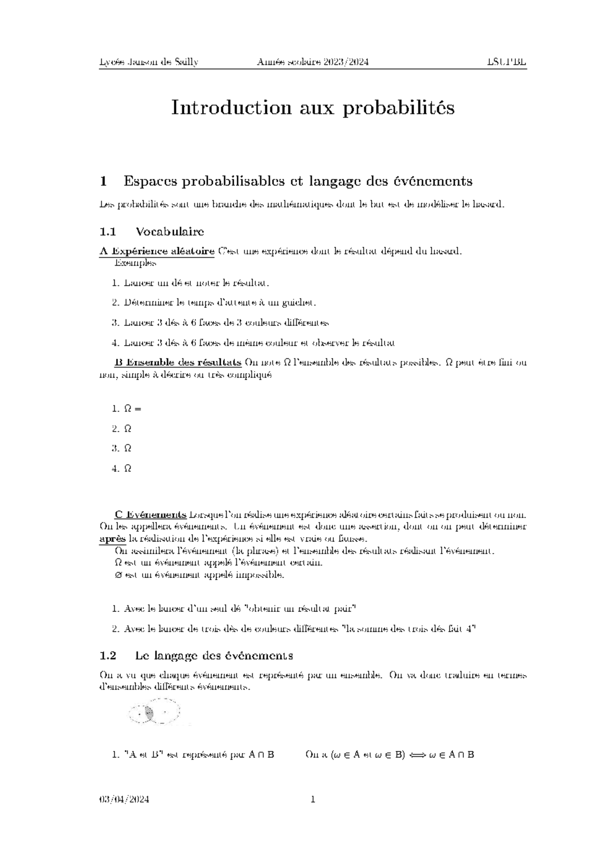 Introduction aux Probabilités LSUPBL - Espaces et Événements - Studocu