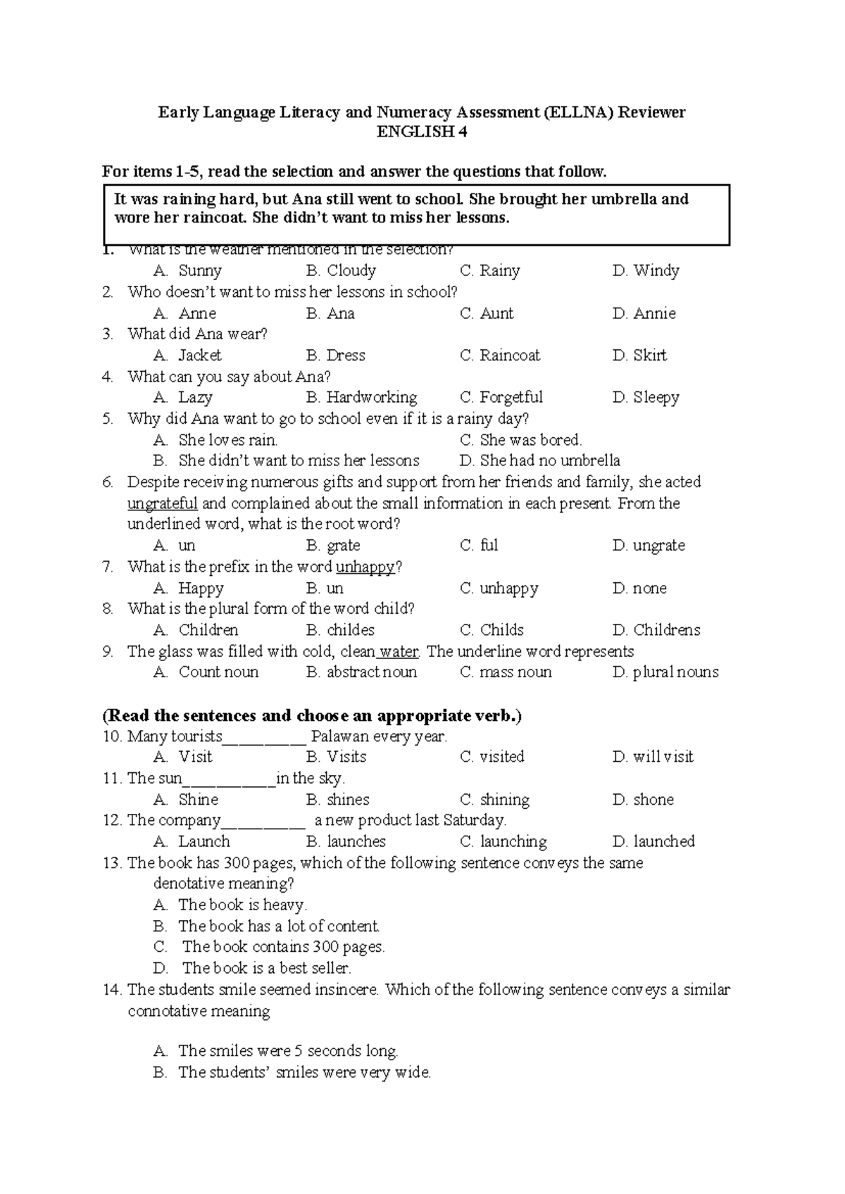 ELLNA Reviewer: Early Language Literacy & Numeracy for ENGLISH 4 - Studocu