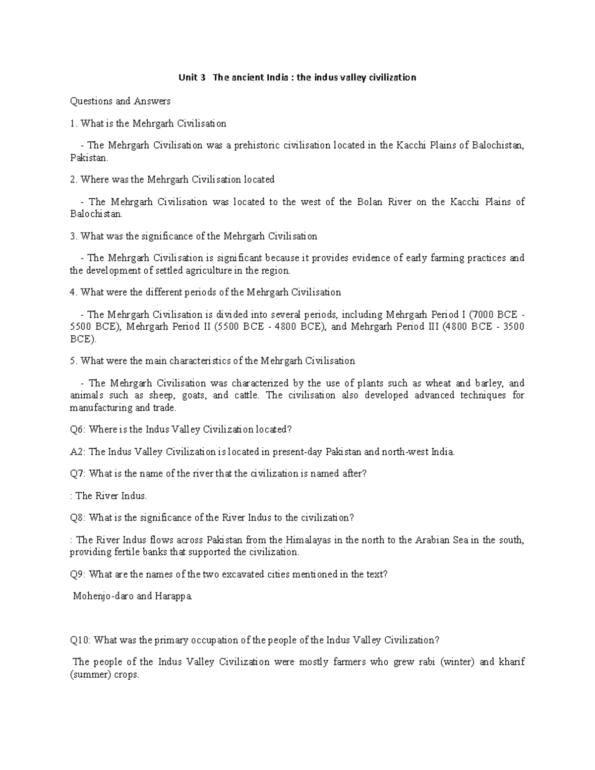 HIS 6th - Unit 3: Ancient India & Indus Valley Civilization Q&A - Studocu