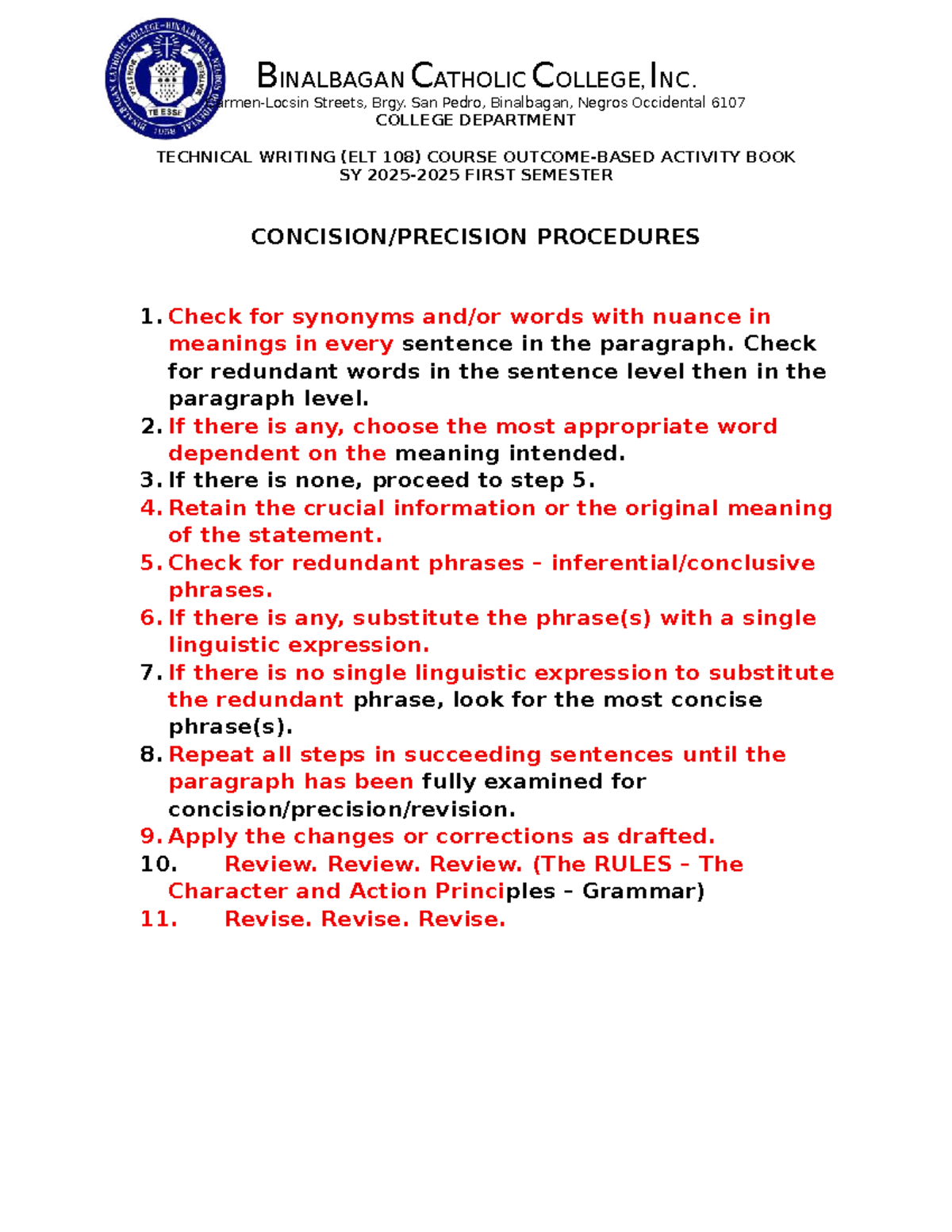 ELT 108 Technical Writing: Concision and Precision Procedures - Studocu