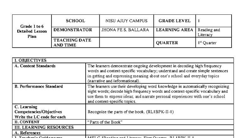 Grade 1 Reading & Literacy Detailed Lesson Plan (DLP) - 1st Quarter ...
