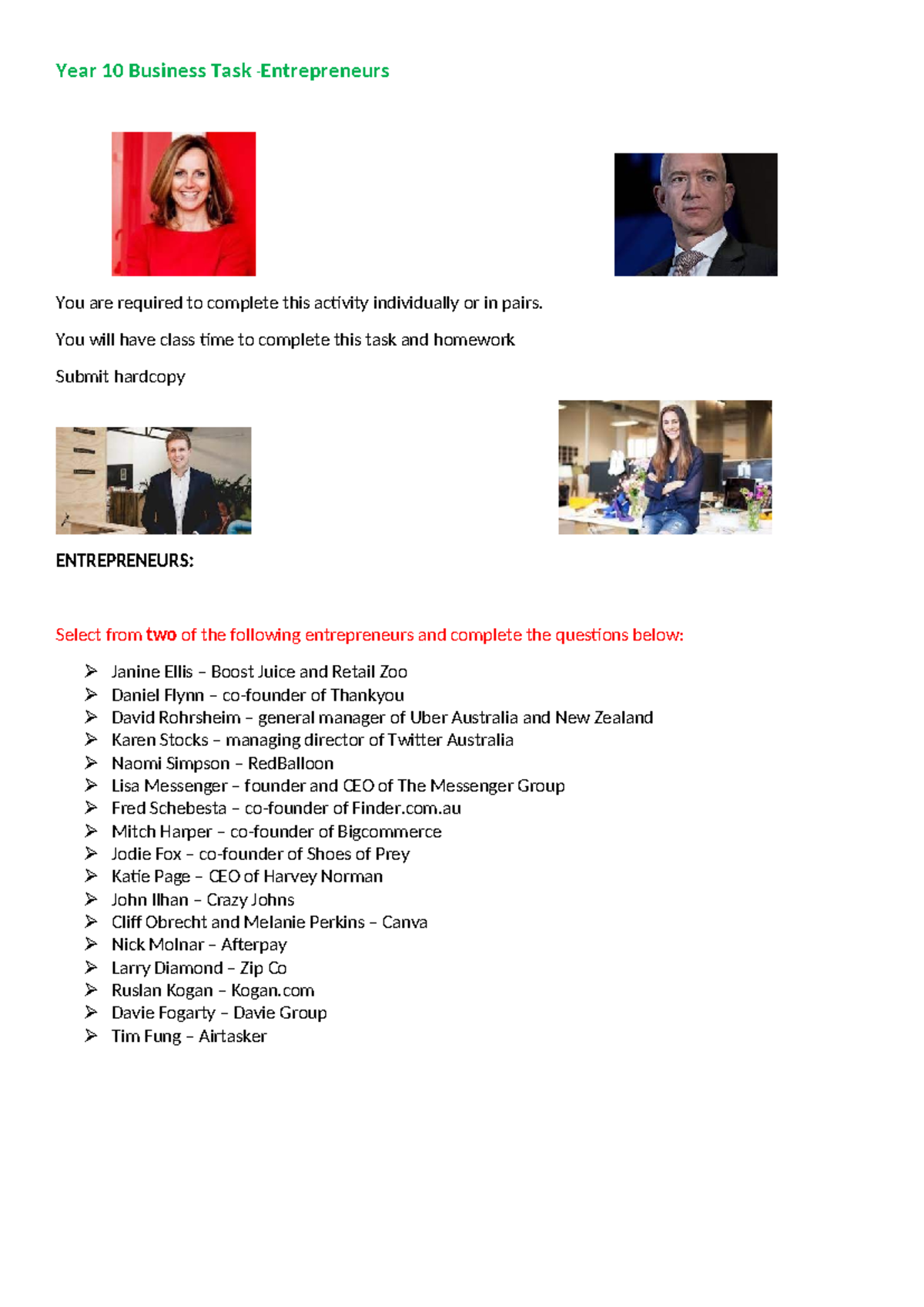 Year 10 Business Task: Entrepreneur Research Assignment - Studocu