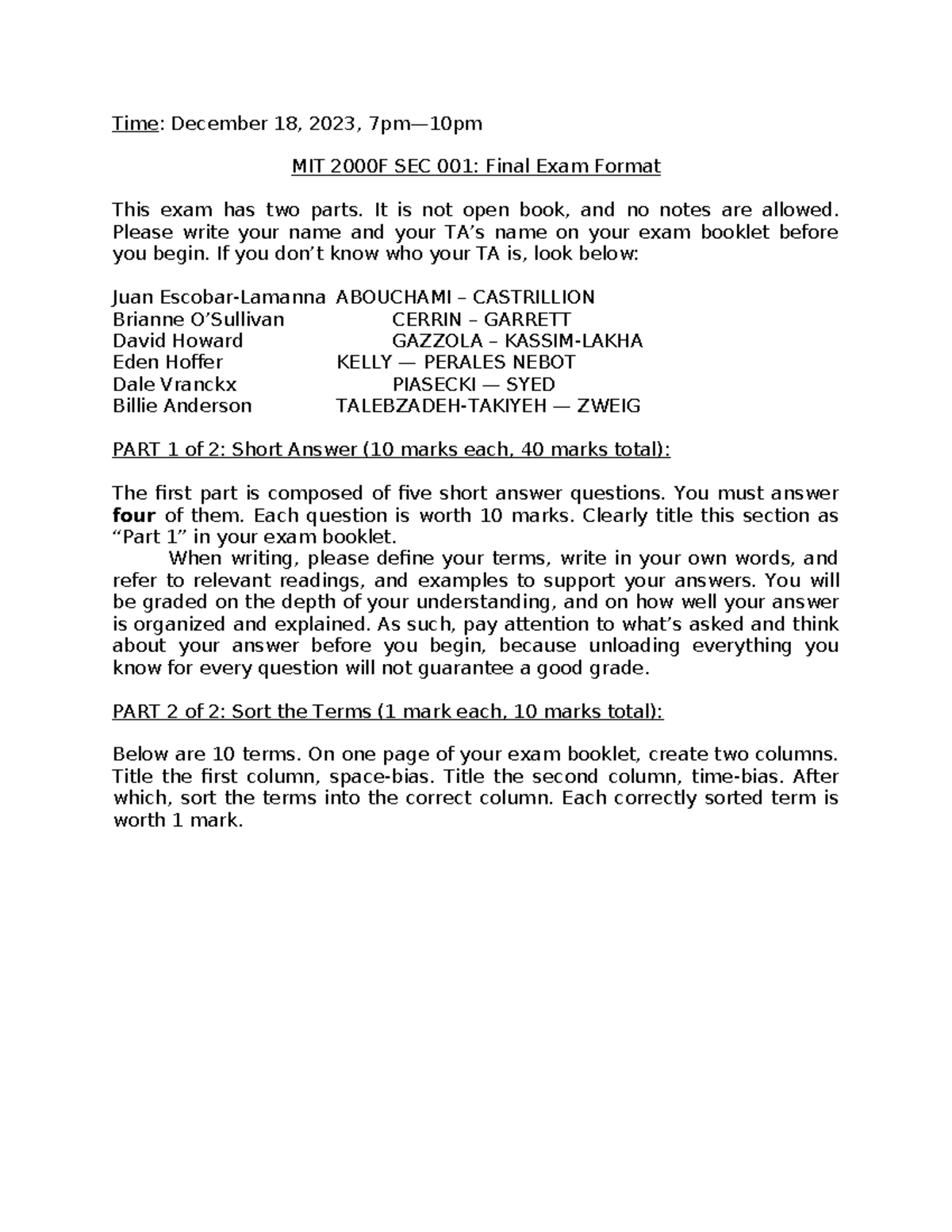 MIT 2000F F23 Final Exam Format & Structure Overview - Studocu