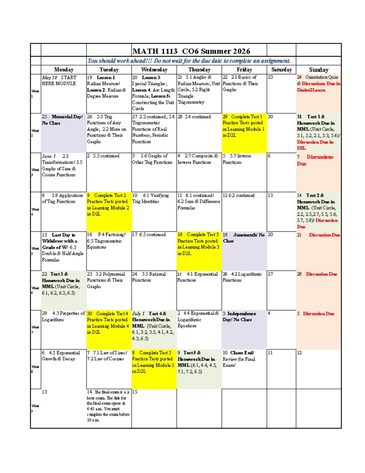 MATH CO6 Summer 2026 Course Schedule and Important Dates - Studocu