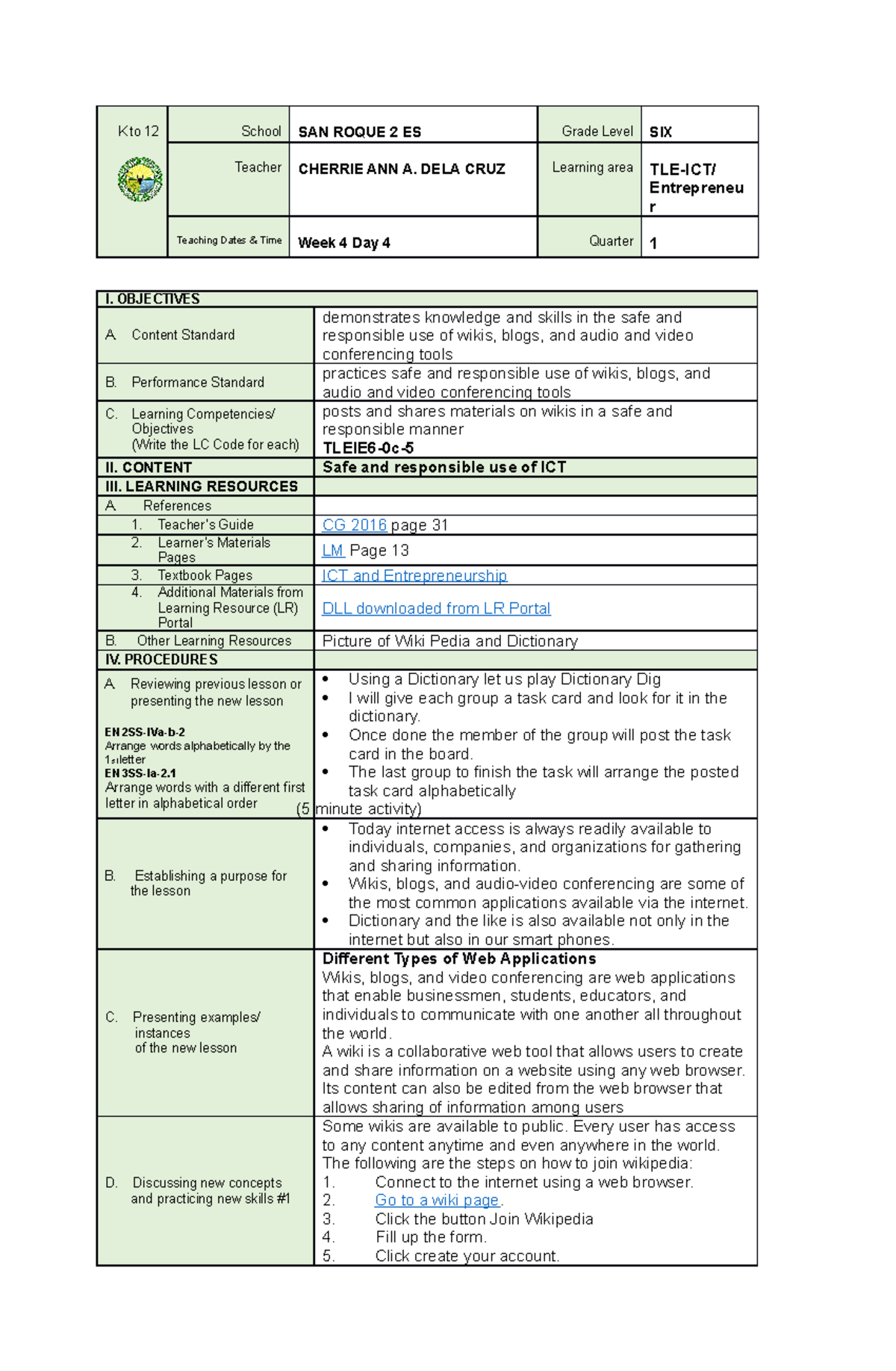 Safe and Responsible Use of ICT in TLE-ICT for Grade 6 - Studocu