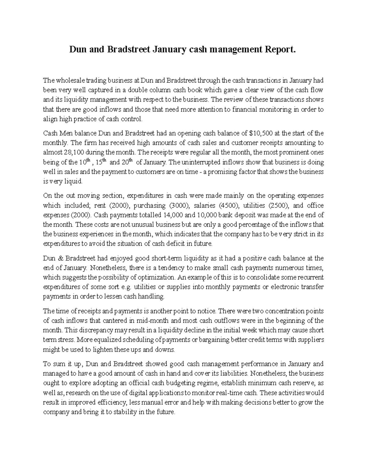 Dun & Bradstreet January Cash Management Analysis Report - Studocu