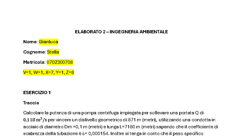 Elaborato 2: Calcolo Potenza Pompa Centrifuga e Microstacciatura - Studocu