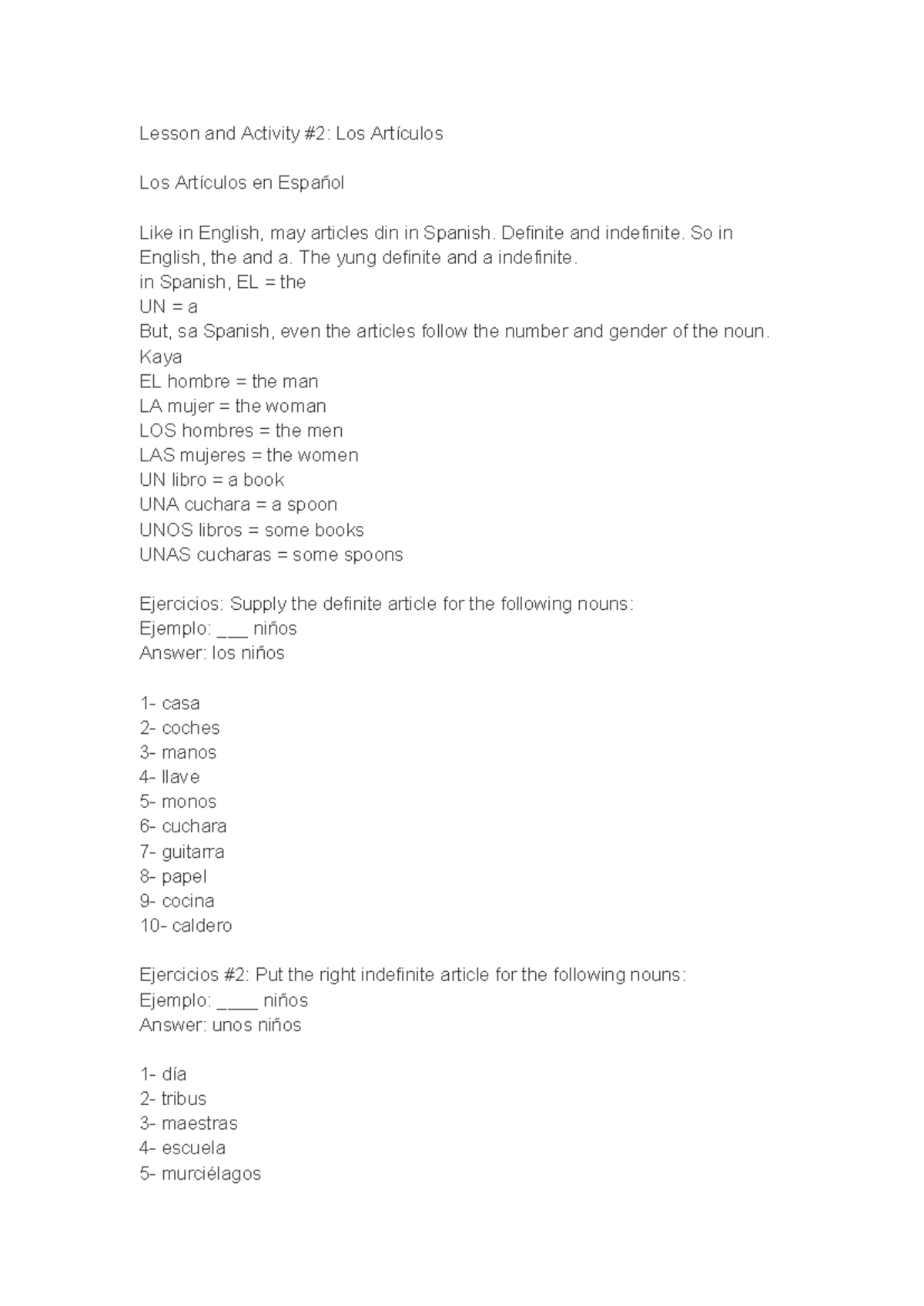 Lesson on Articles in Spanish (2-Los-Artículos) - Studocu