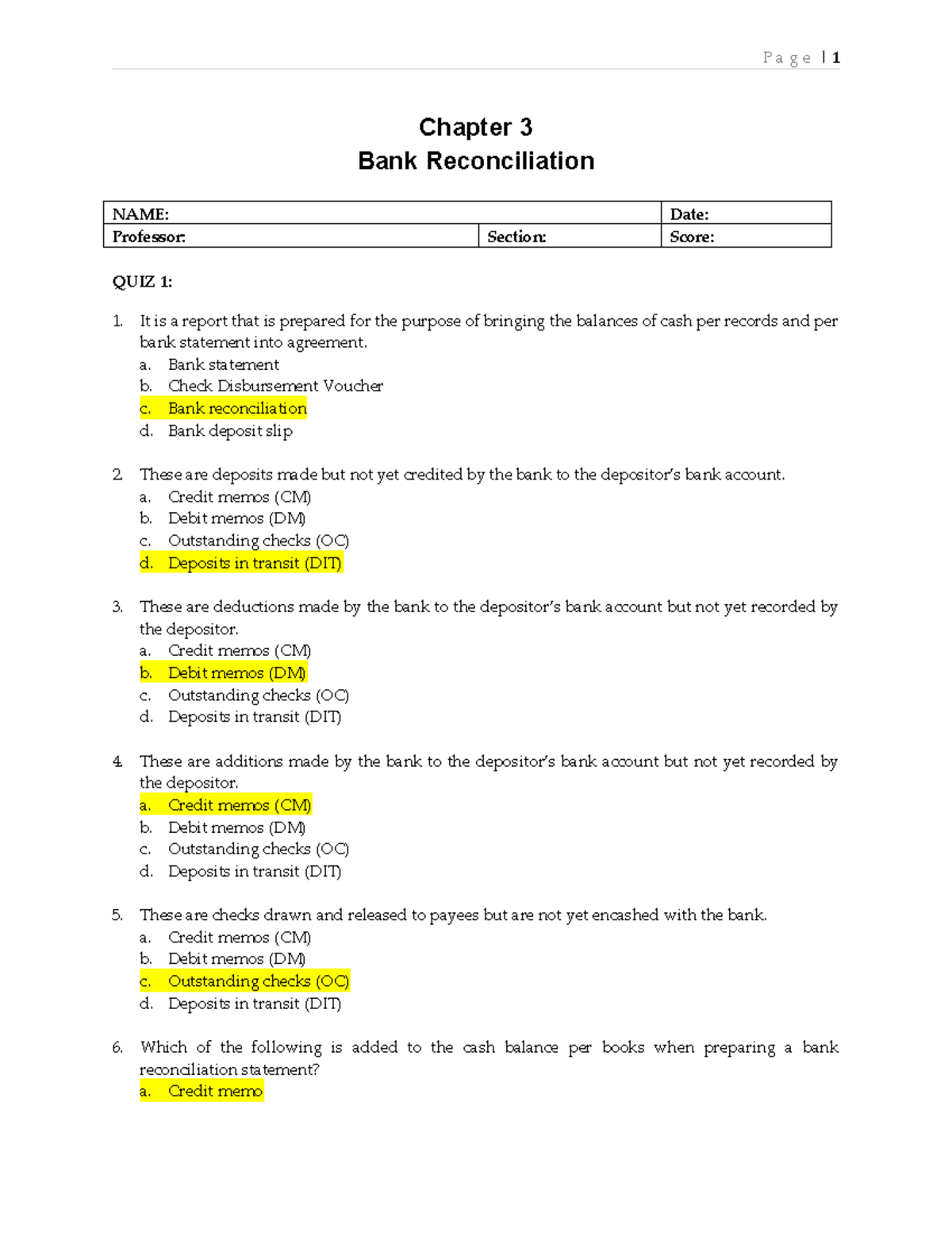 Intermediate Accounting 1 (Bank Reconciliation) Practice Test ...